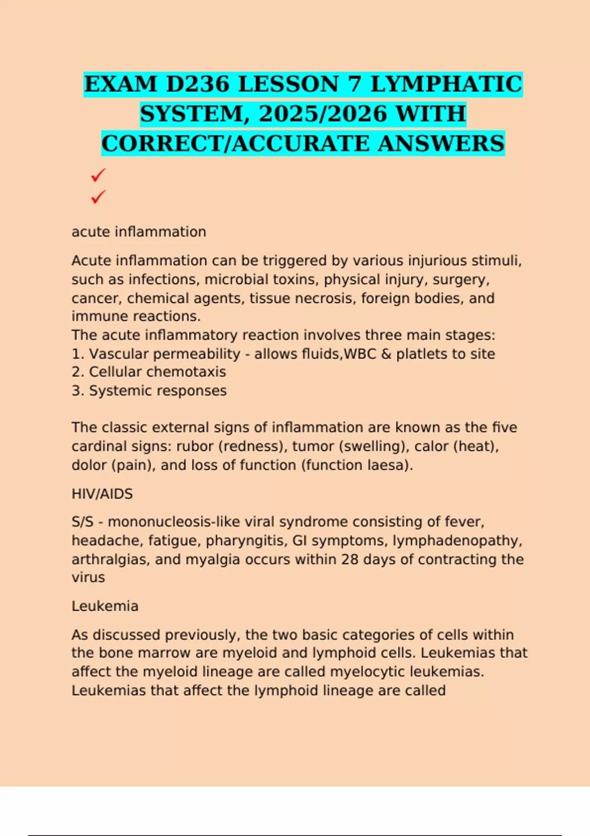 EXAM D236 LESSON 7 LYMPHATIC SYSTEM, 2025/2026 WITH CORRECT/ACCURATE ...
