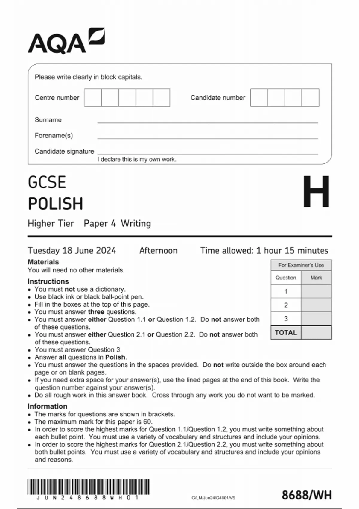 AQA GCSE POLISH QUESTION PAPER 2024 (Higher Tier Paper 4;Writing) 8688 ...