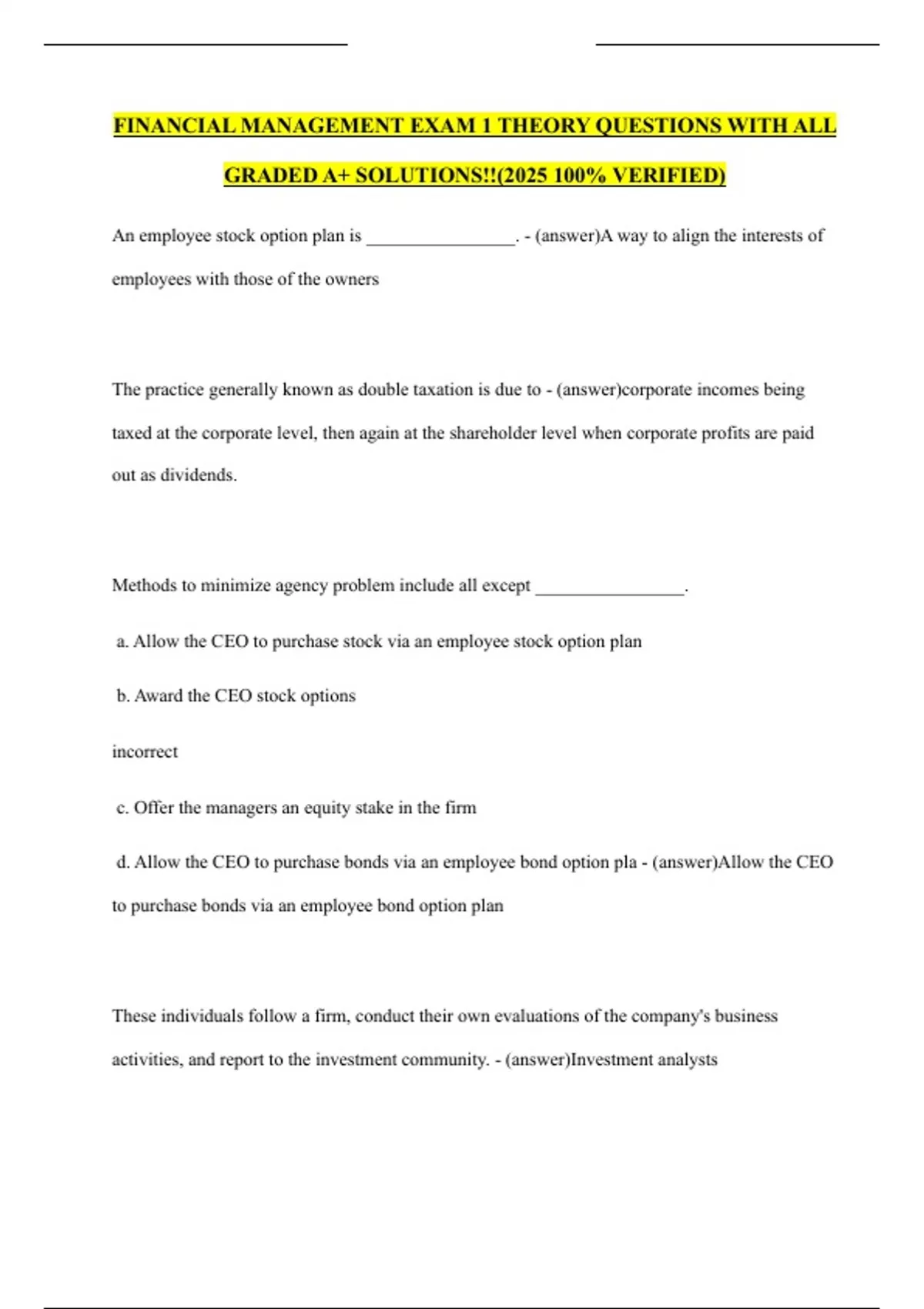 Financial Management Final Exam and Theory QUESTIONS WITH ALL GRADED A ...