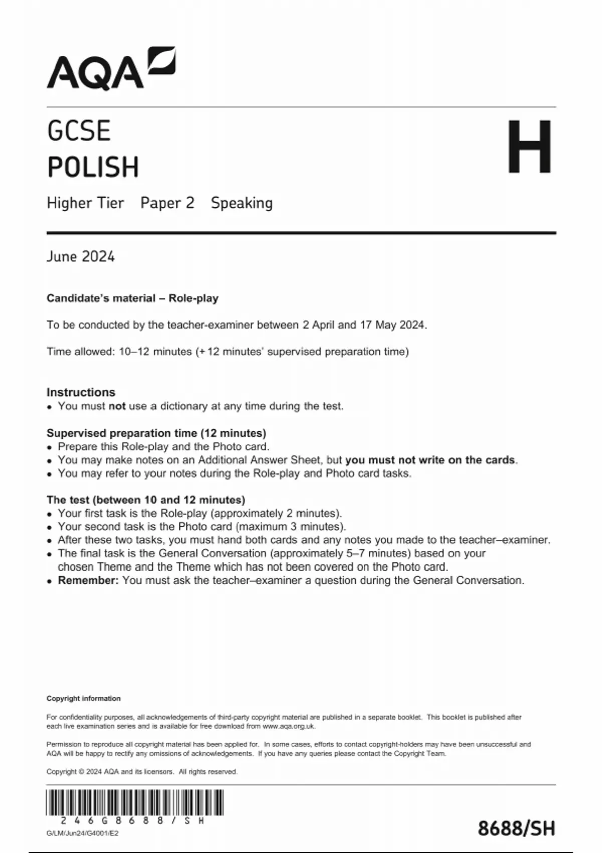 AQA GCSE POLISH QUESTION PAPER 2024 (Higher Tier Paper 2;Speaking) 8688 ...