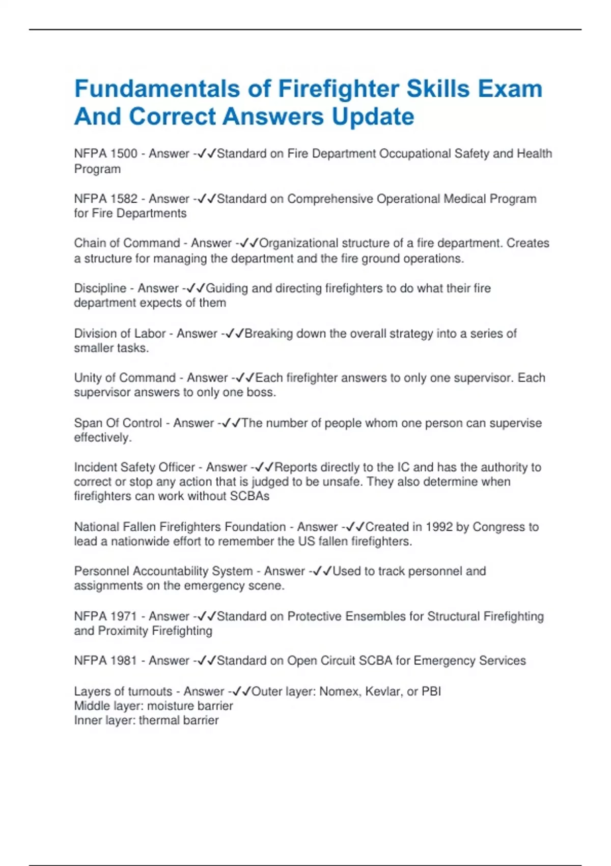 Fundamentals of Firefighter Skills Exam And Correct Answers Update ...