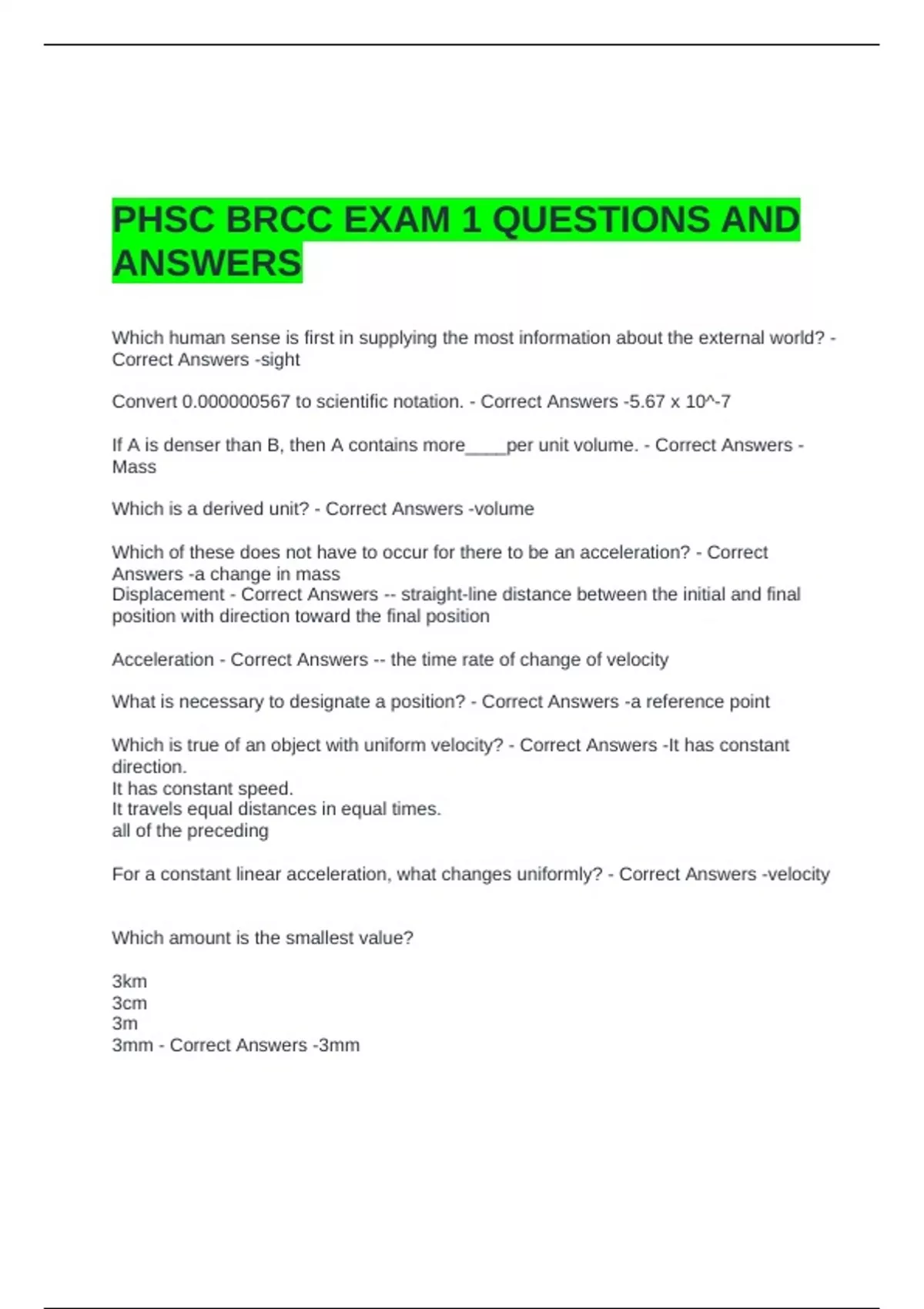 PHSC BRCC EXAM 1 QUESTIONS AND ANSWERS - BRCC - Stuvia US