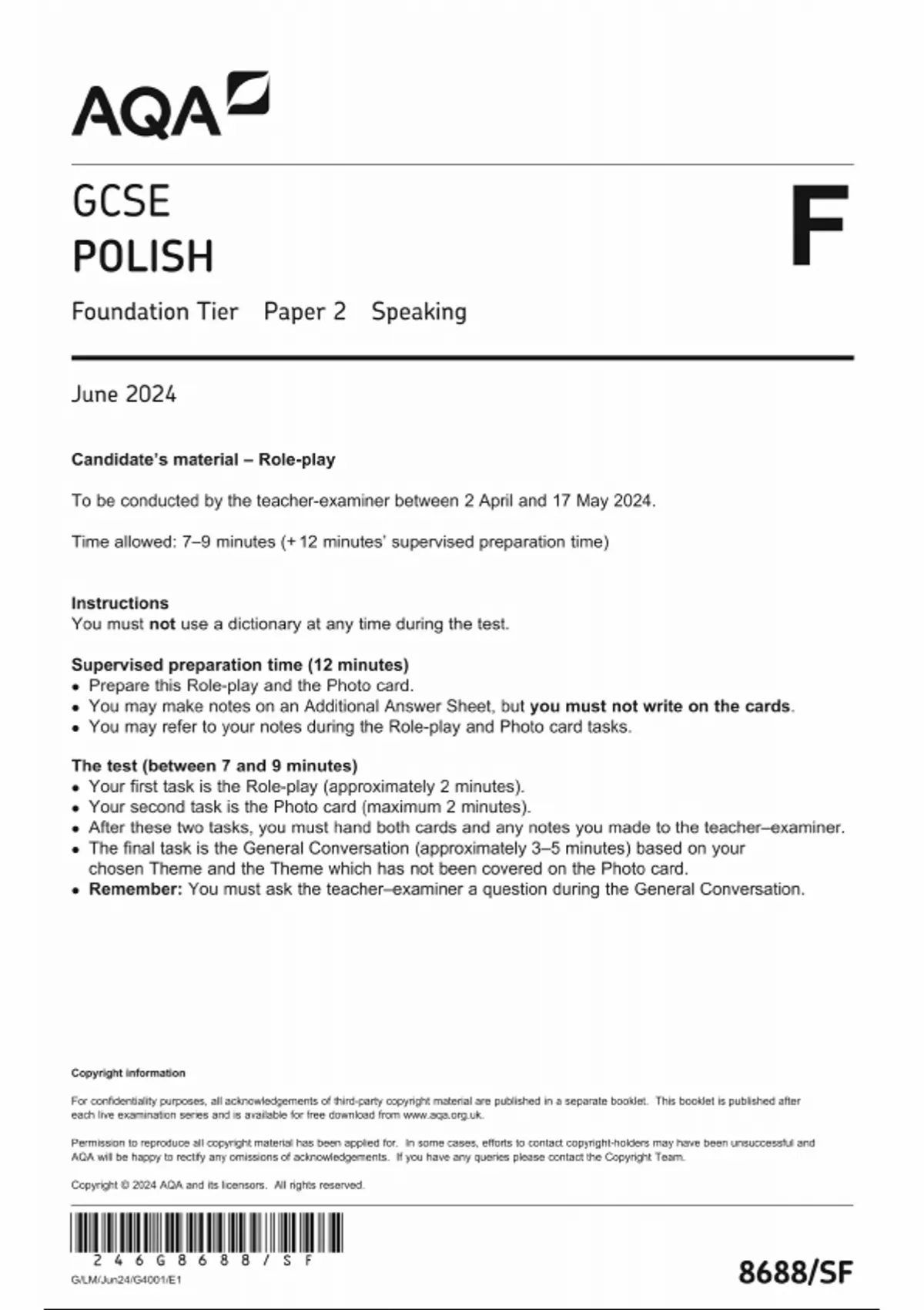 AQA GCSE POLISH QUESTION PAPER 2024 (Foundation Tier Paper 2;Speaking ...