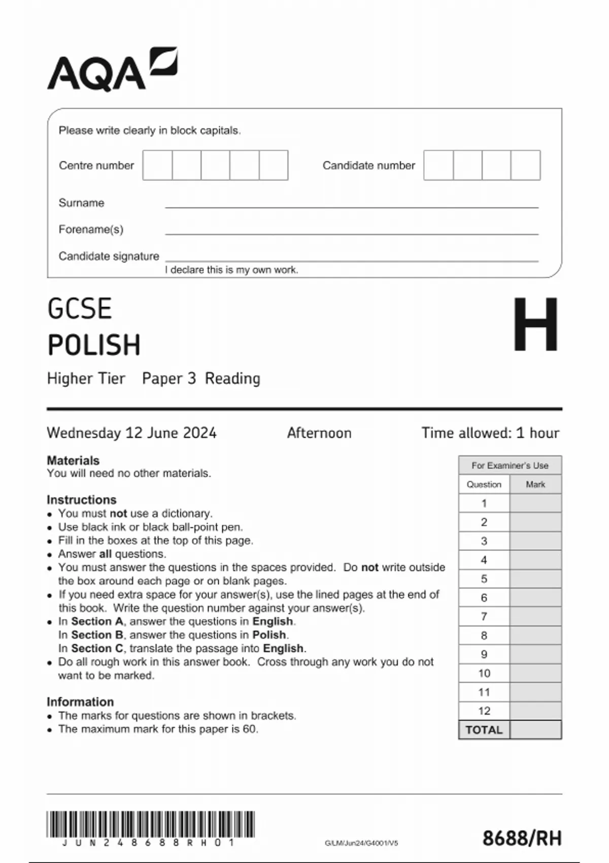 AQA GCSE POLISH QUESTION PAPER 2024 (Higher Tier Paper 3;Reading) 8688 ...