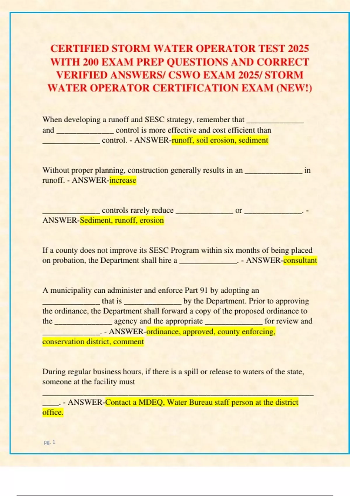 CERTIFIED STORM WATER OPERATOR TEST 2025 WITH 200 EXAM PREP QUESTIONS ...
