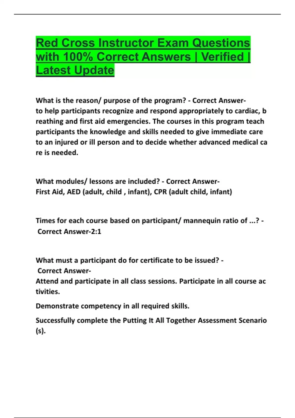 Red Cross Instructor Exam Questions with 100% Correct Answers ...