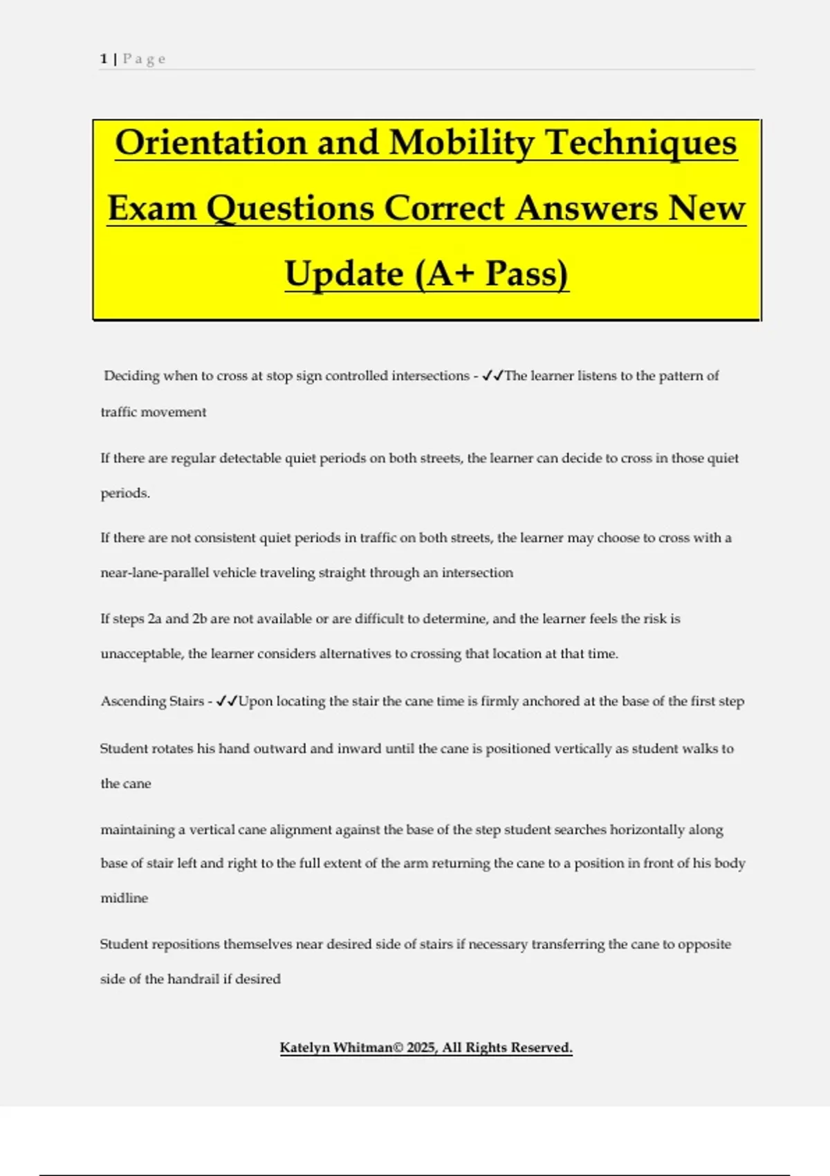 Orientation and Mobility Techniques Exam Questions Correct Answers New ...