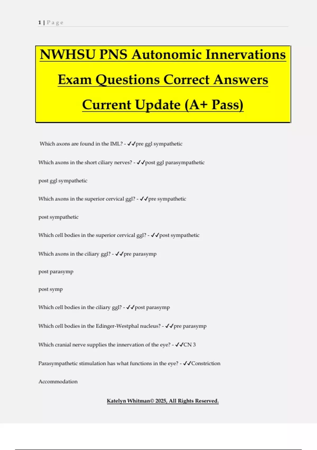 NWHSU PNS Autonomic Innervations Exam Questions Correct Answers Current ...