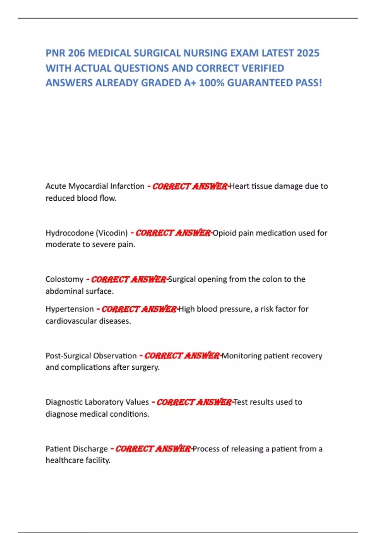 PNR 206 MEDICAL SURGICAL NURSING EXAM LATEST 2025 WITH ACTUAL QUESTIONS ...