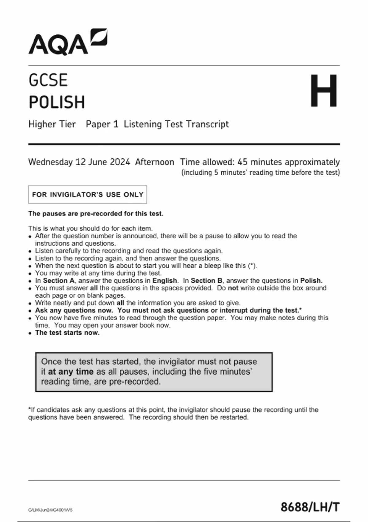 AQA GCSE POLISH QUESTION PAPER 2024 (Higher Tier Paper 1;Listening Test ...
