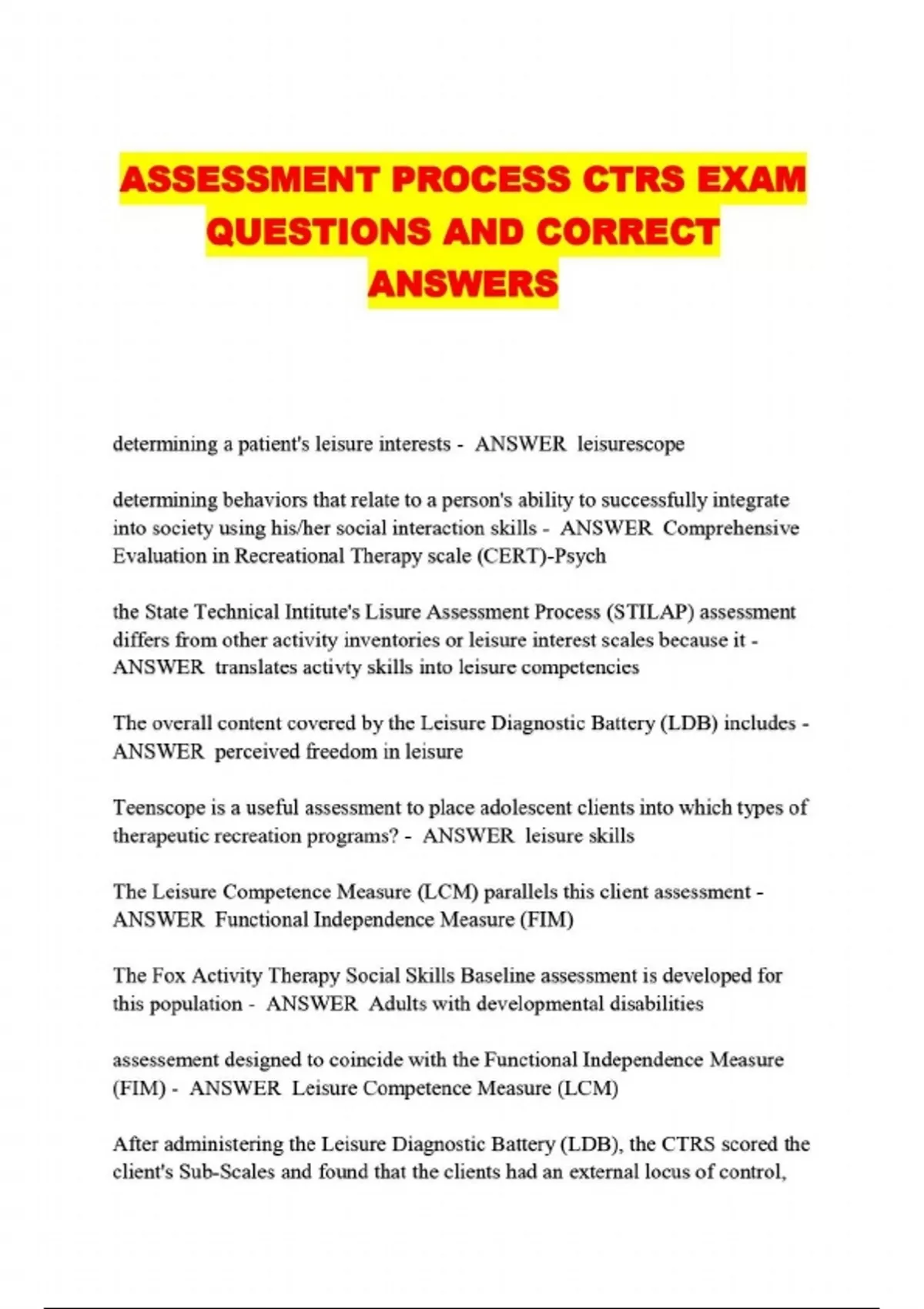 ASSESSMENT PROCESS CTRS EXAM QUESTIONS AND CORRECT ANSWERS - CTRS ...