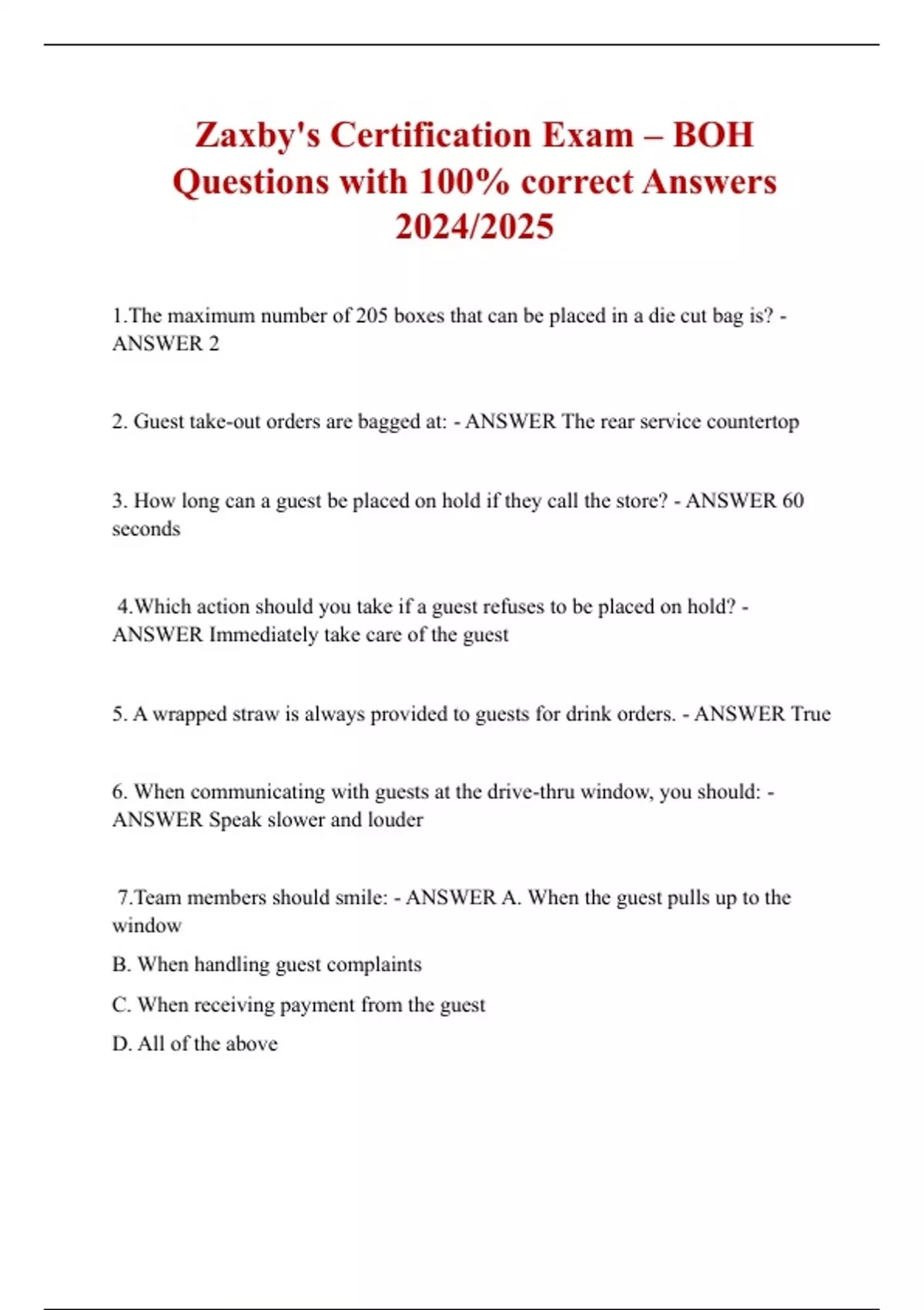 Zaxby's Certification Exam – BOH Questions with 100% correct Answers 2024/2025 - Zaxby\\\\\\\'s ...