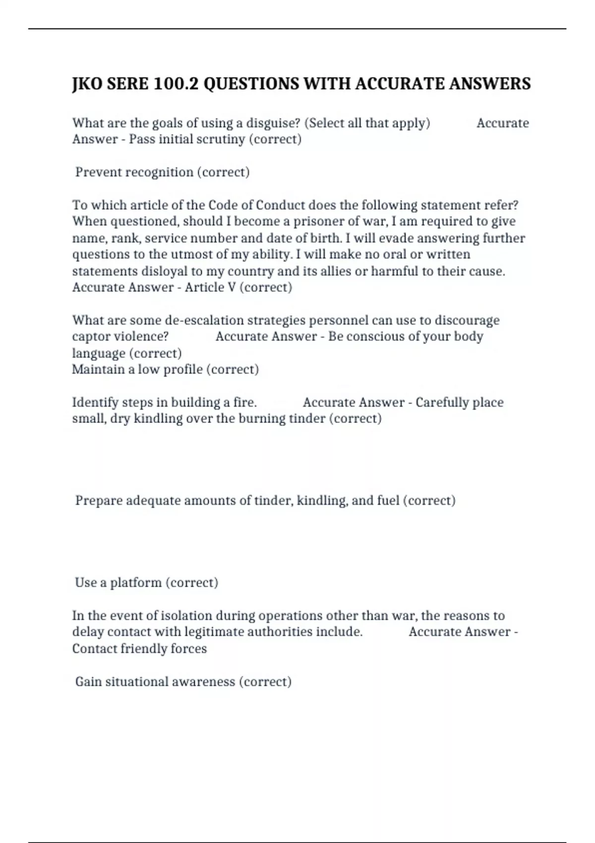 JKO SERE 100.2 QUESTIONS WITH ACCURATE ANSWERS - JKO SERE - Stuvia US