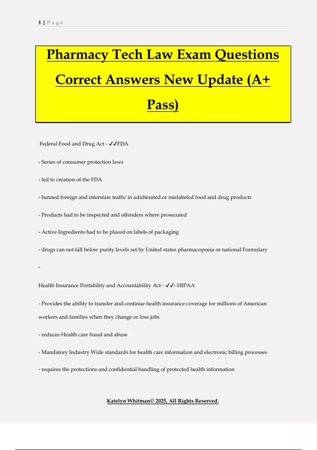 Pharmacy Tech Law Exam Questions Correct Answers New Update (A+ Pass ...