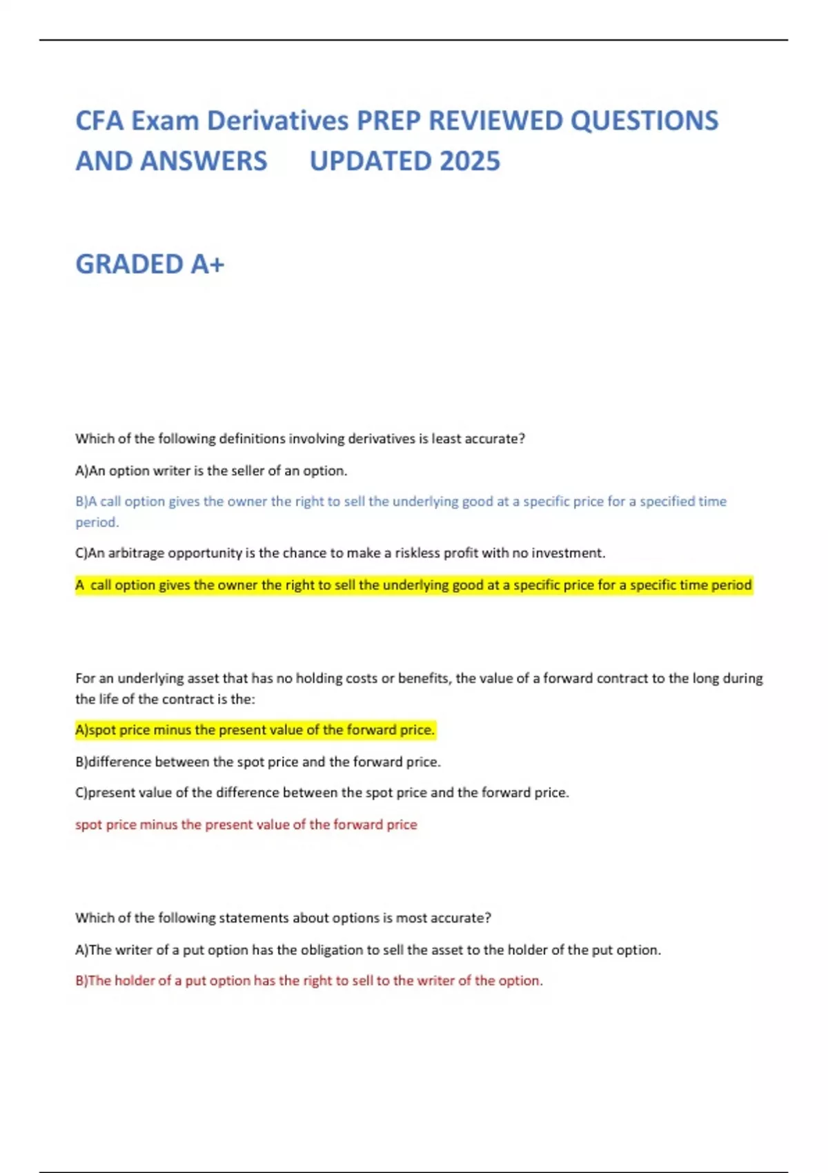CFA Exam Derivatives PREP REVIEWED QUESTIONS AND ANSWERS UPDATED 2025 ...