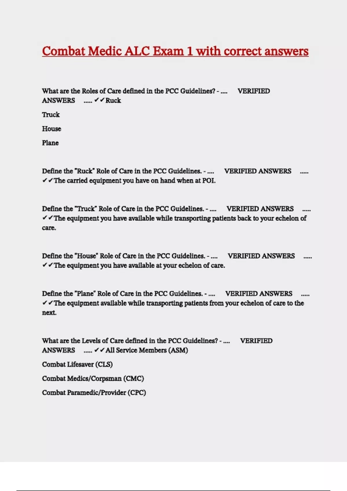 Combat Medic ALC Exam 1 with correct answers - Combat Medic ALC - Stuvia US