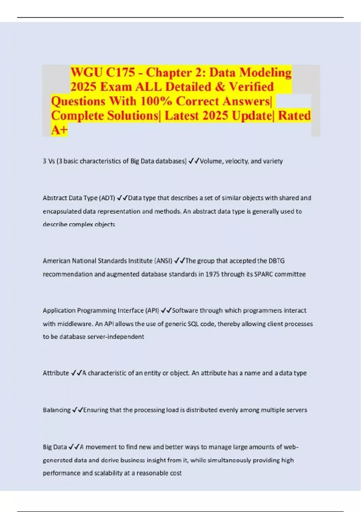 WGU C175 - Chapter 2: Data Modeling 2025 Exam ALL Detailed & Verified Questions With 100% ...