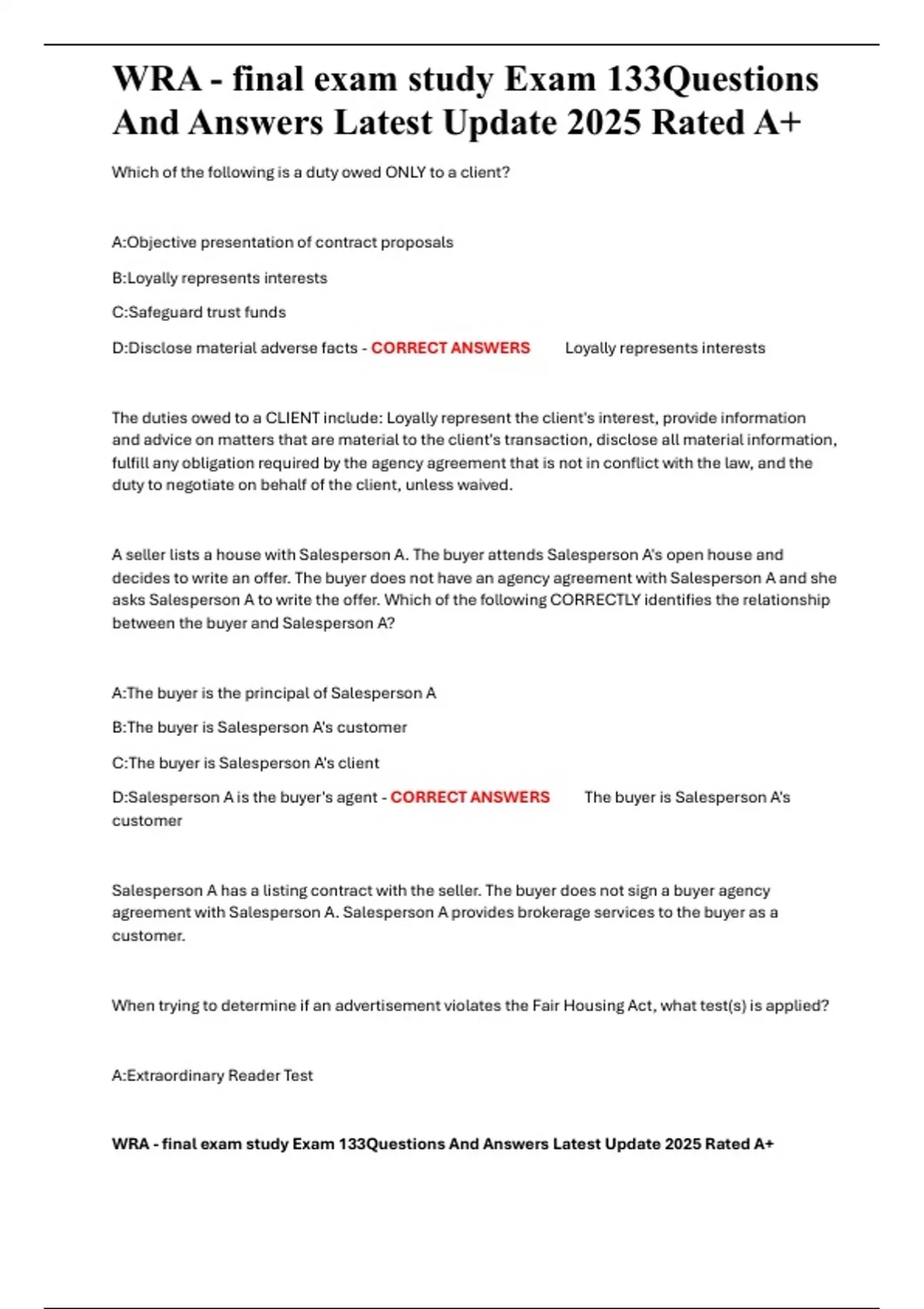 Summary WRA - final exam study Exam 133Questions And Answers Latest ...
