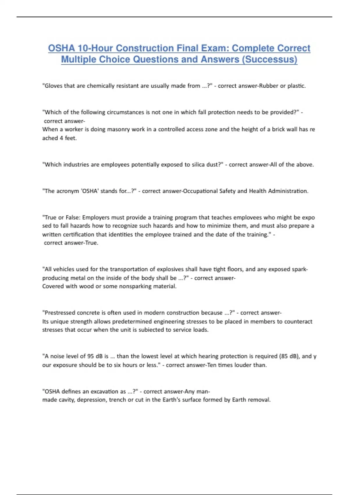 OSHA 10-Hour Construction Final Exam- Complete Correct Multiple-Choice ...