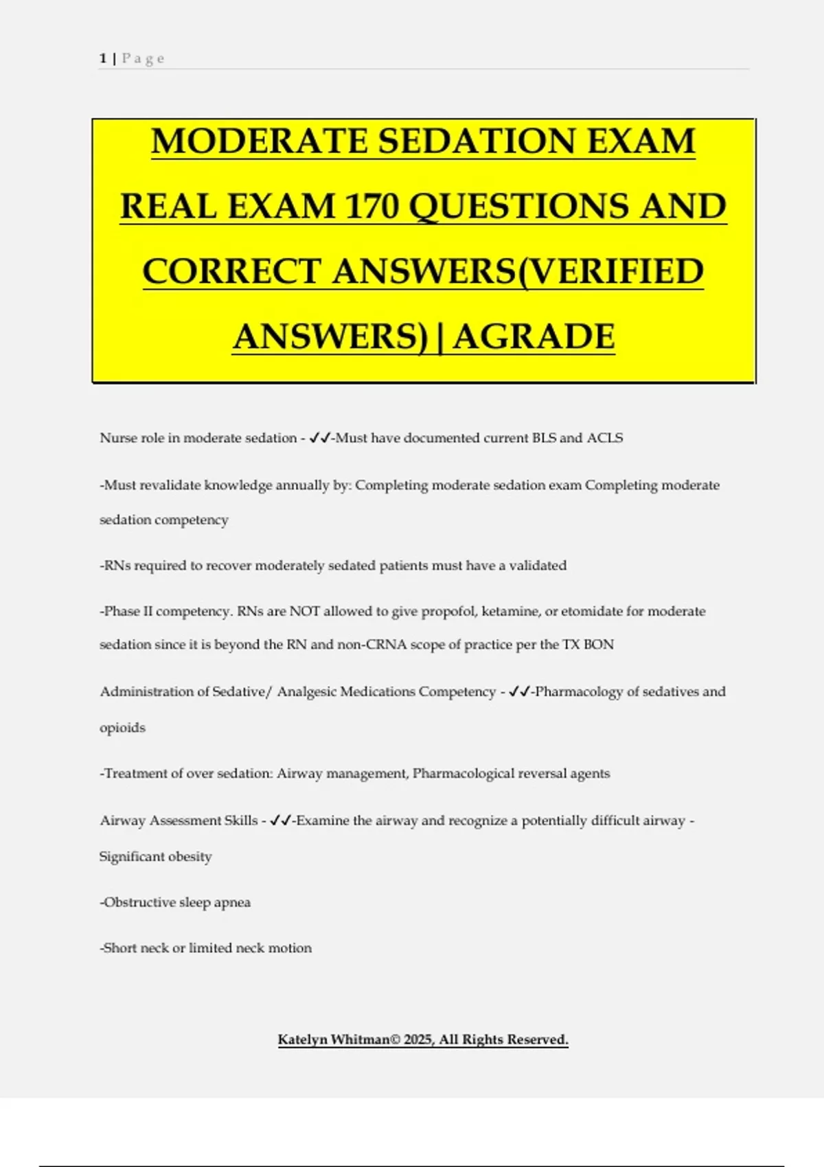 MODERATE SEDATION EXAM REAL EXAM 170 QUESTIONS AND CORRECT ANSWERS(VERIFIED ANSWERS)|AGRADE ...