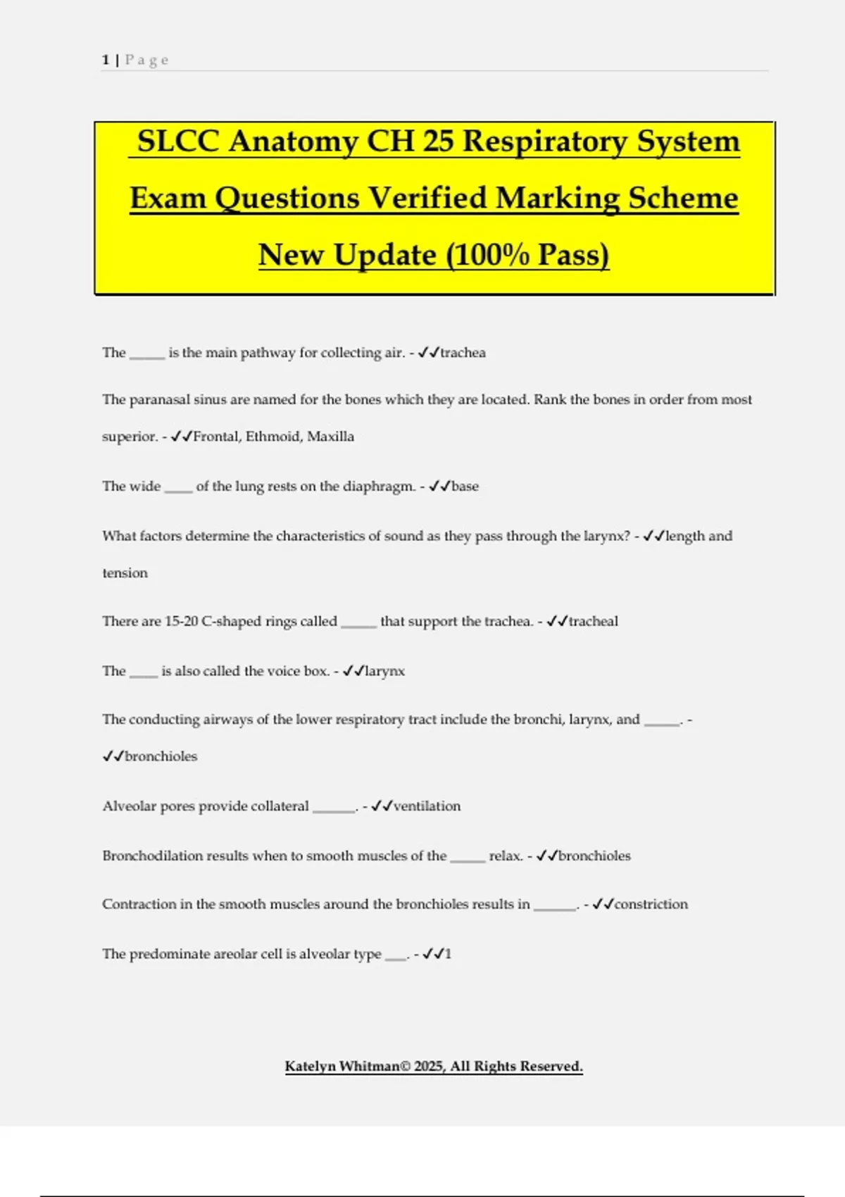 SLCC Anatomy CH 25 Respiratory System Exam Questions Verified Marking ...