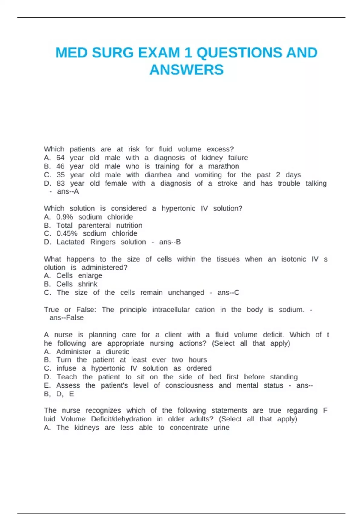 MED SURG EXAM 1 QUESTIONS AND ANSWERS - NURSING 250 MEDSURG1 - Stuvia US