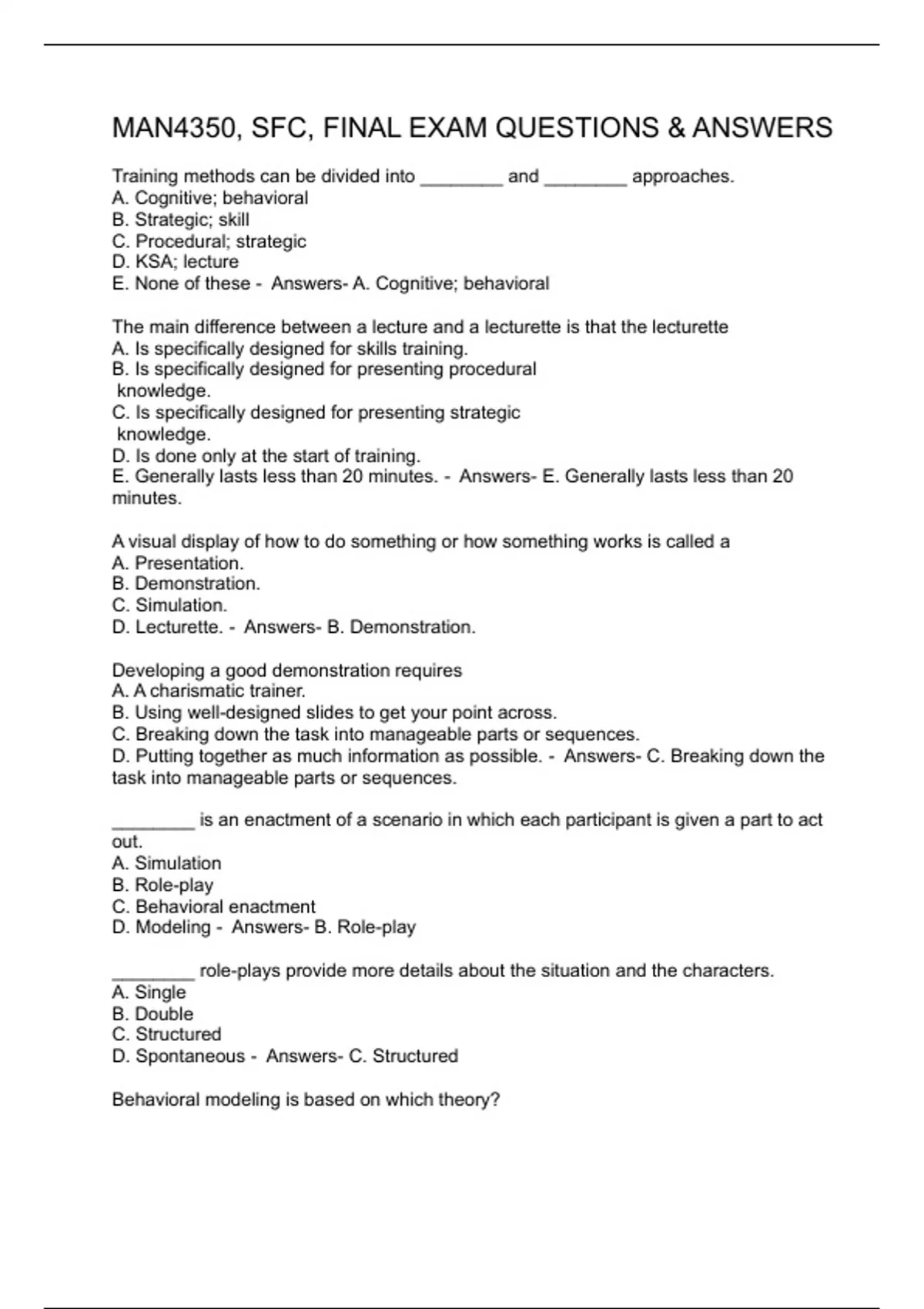 MAN4350, SFC, FINAL EXAM QUESTIONS & ANSWERS - SFC - Stuvia US