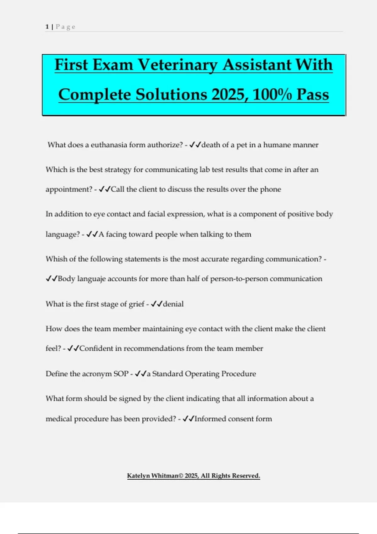 First Exam Veterinary Assistant With Complete Solutions 2025, 100% Pass ...