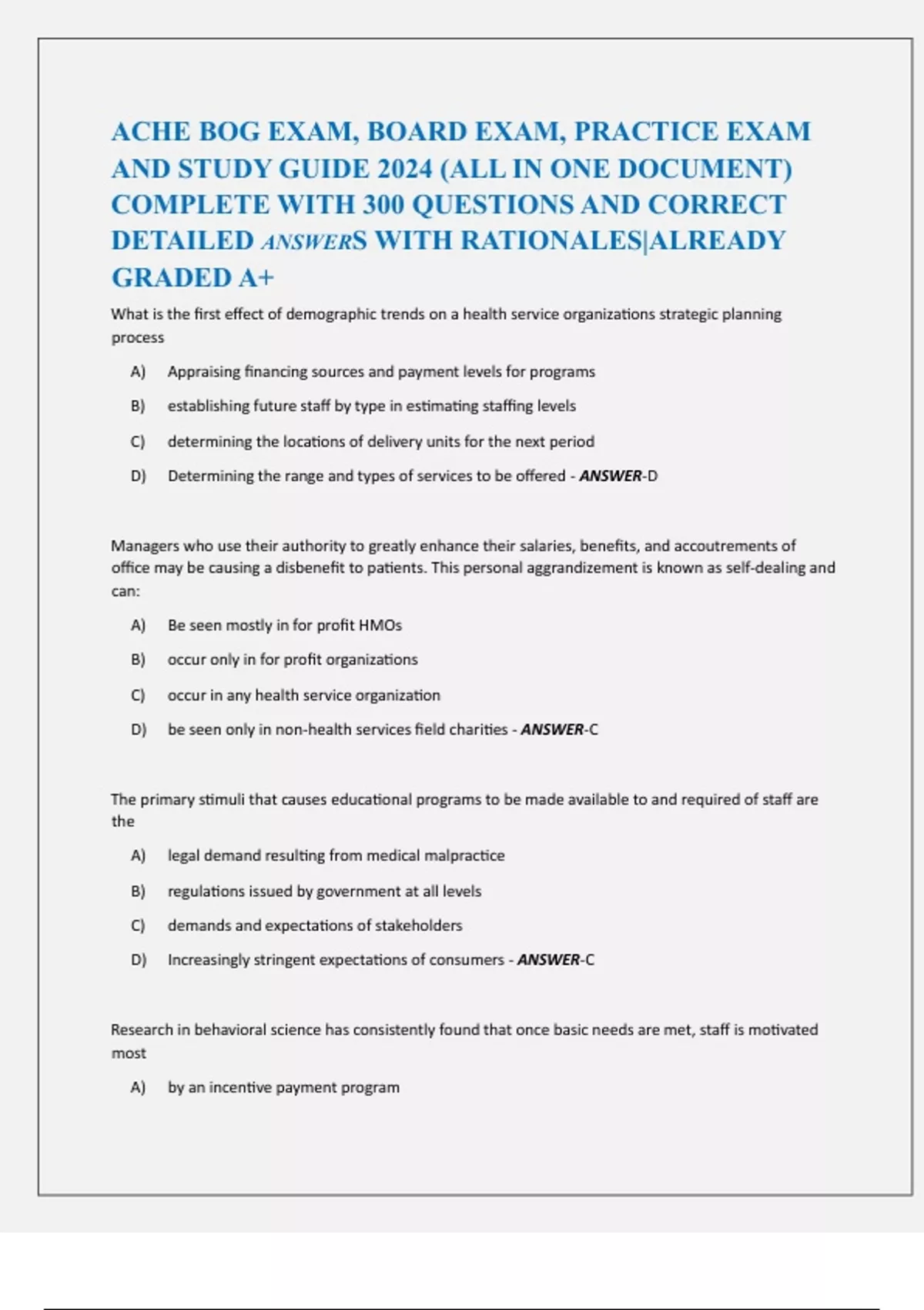 ACHE BOG EXAM, BOARD EXAM, PRACTICE EXAM AND STUDY GUIDE 2024 (ALL IN ...