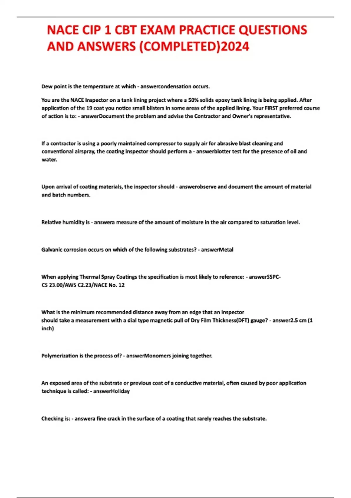 NACE CIP 1 CBT EXAM PRACTICE QUESTIONS AND ANSWERS (COMPLETED) 2024 ...