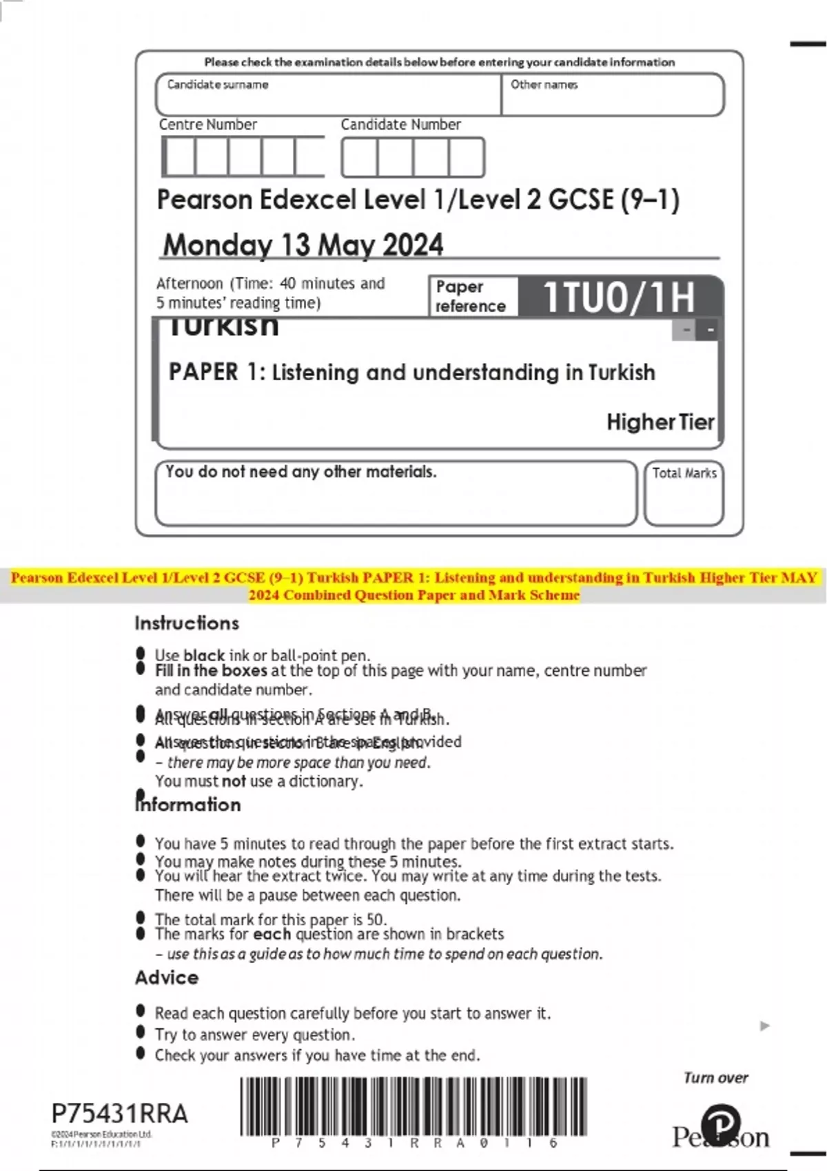 Pearson Edexcel Level 1/Level 2 GCSE (9–1) Turkish PAPER 1: Listening ...