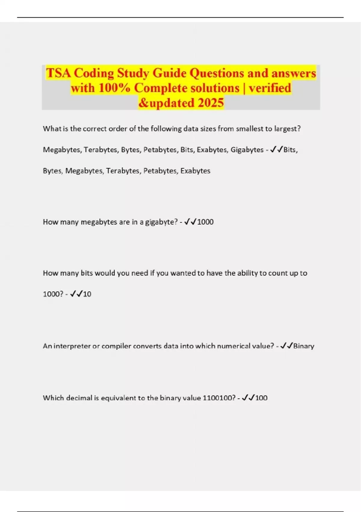 TSA Coding Study Guide Questions and answers with 100% Complete ...