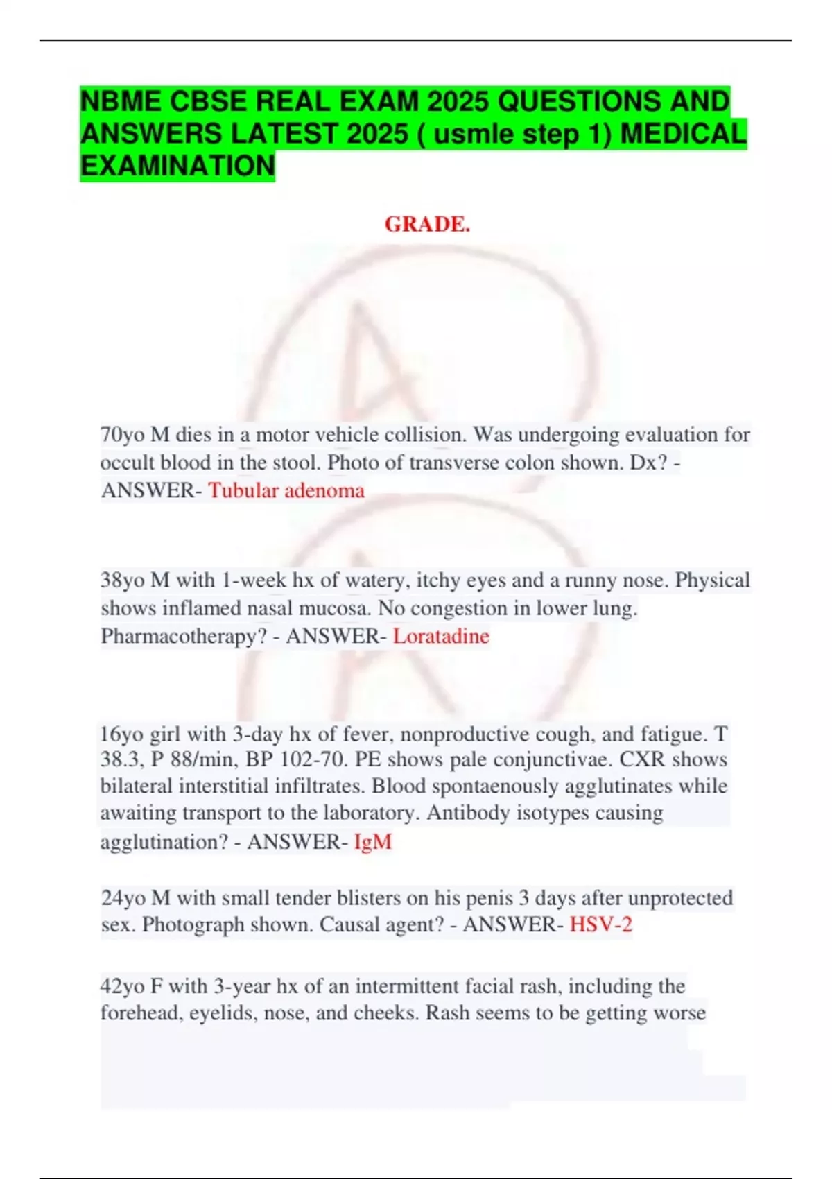 NBME CBSE REAL EXAM 2025 QUESTIONS AND ANSWERS LATEST 2025 ( usmle step ...