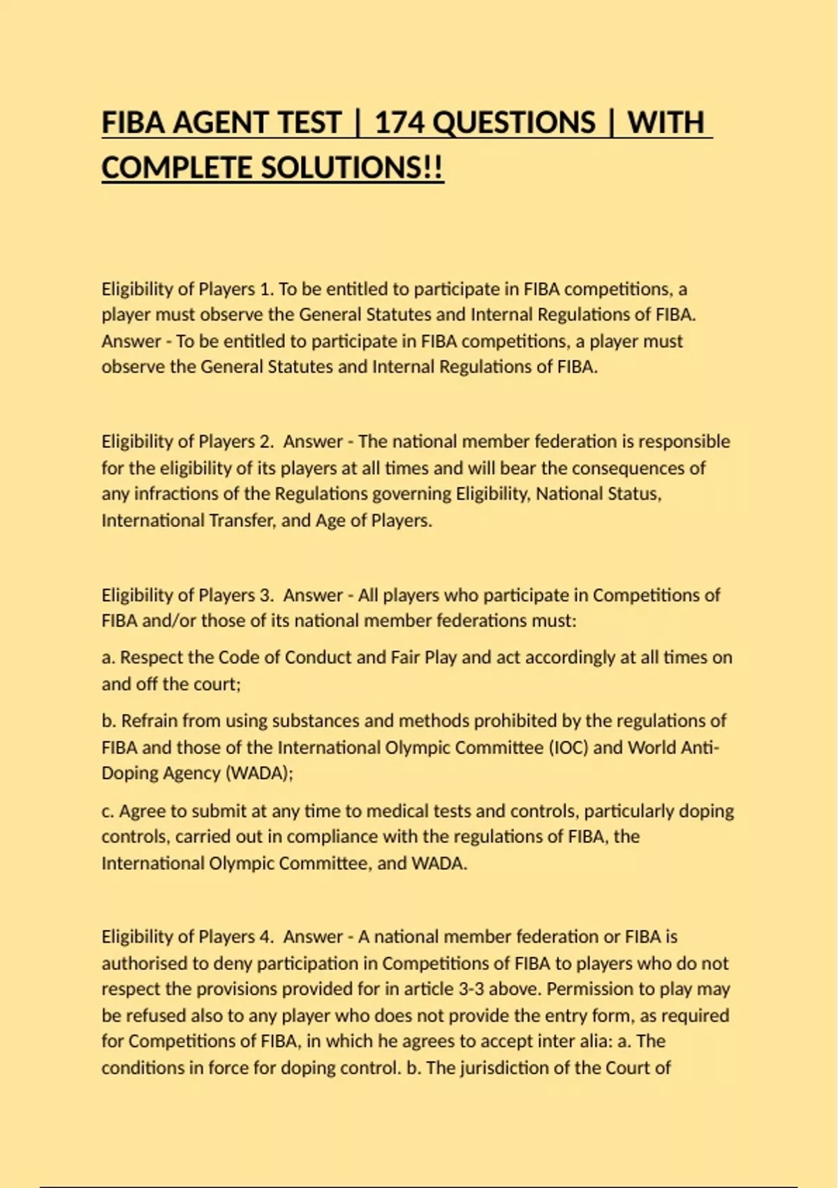 FIBA AGENT TEST | 174 QUESTIONS | WITH COMPLETE SOLUTIONS!! - FIBA ...