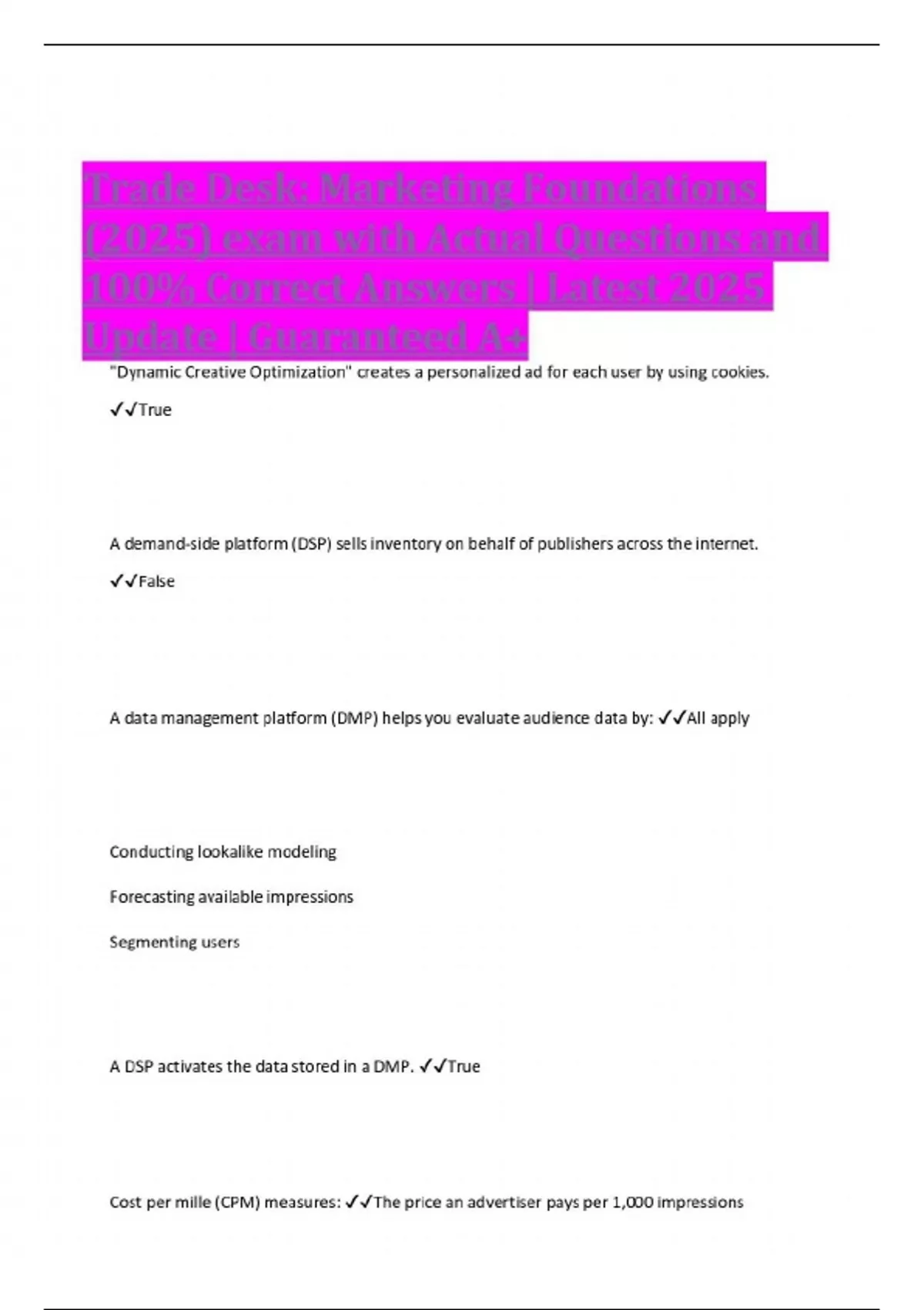 Trade Desk: Marketing Foundations (2025) exam with Actual Questions and ...