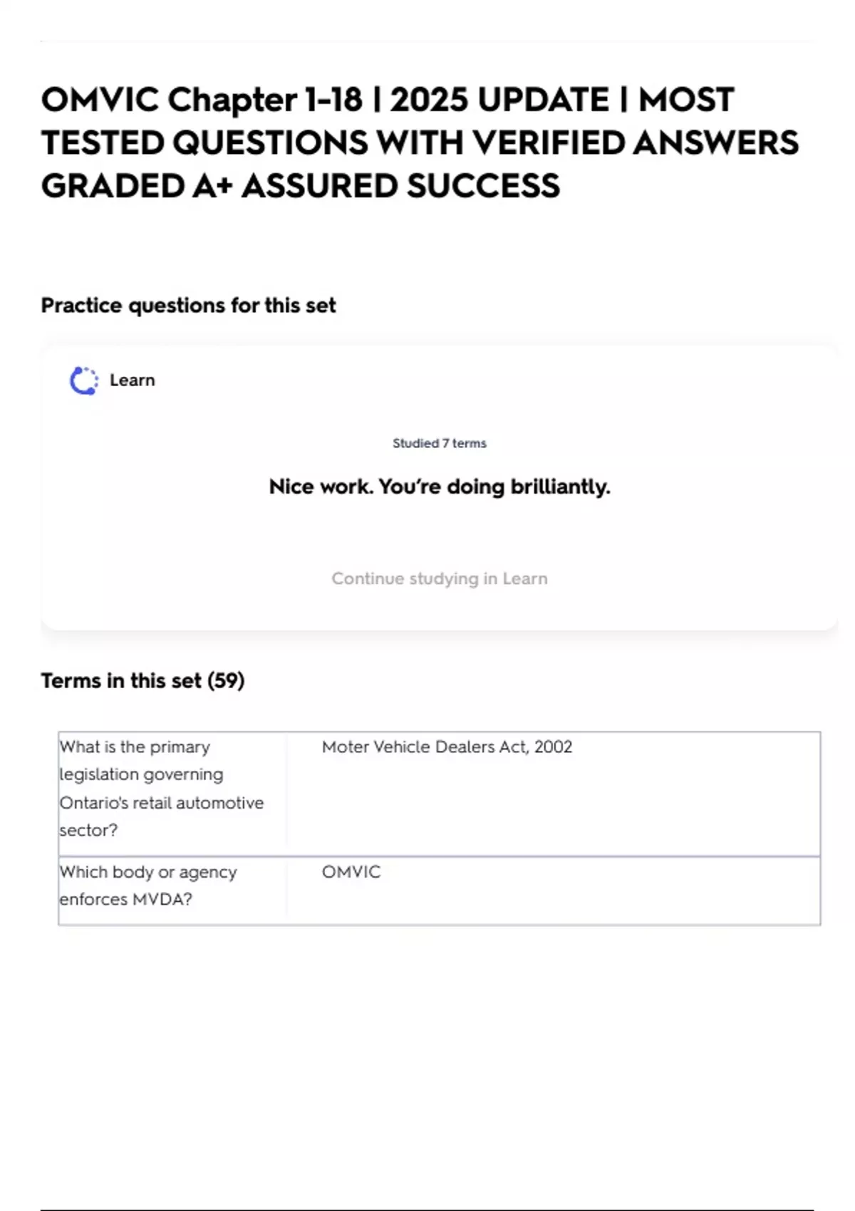 OMVIC Chapter 1-18 | 2025 UPDATE | MOST TESTED QUESTIONS WITH VERIFIED ...