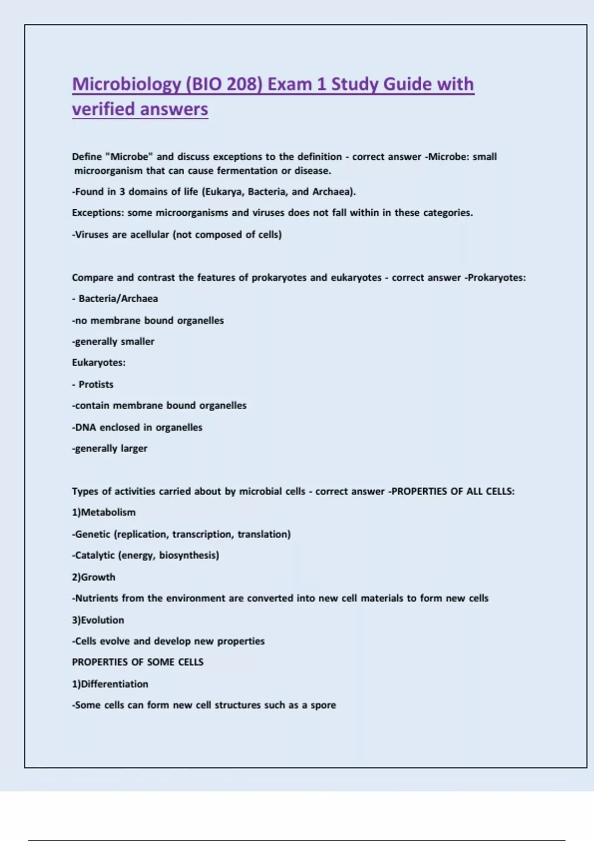 Microbiology (BIO 208) Exam 1 Study Guide with verified answers - Bio ...