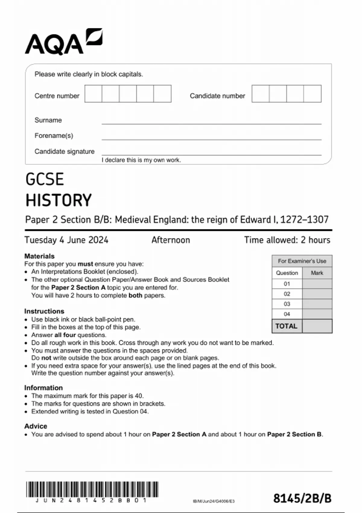 2024 AQA GCSE HISTORY QUESTION PAPER 2 (8145/2B/B: Medieval England ...