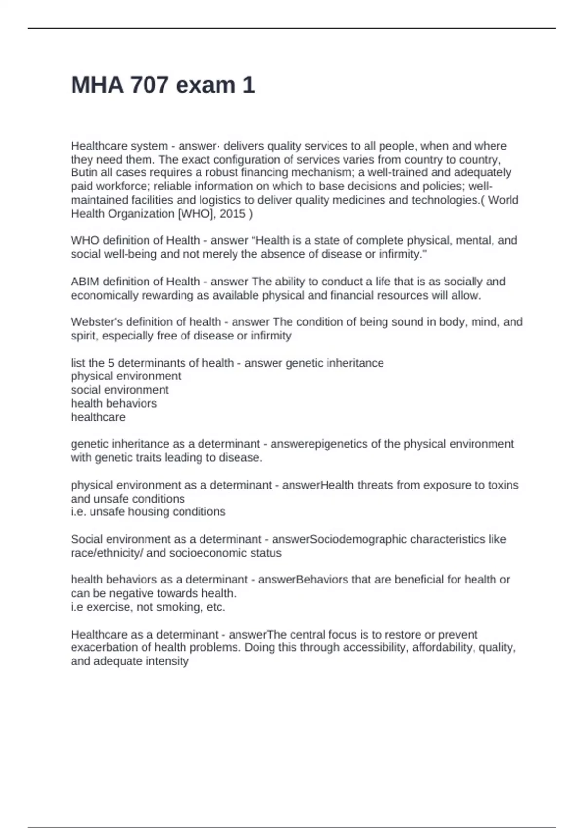 MHA 707 exam 1 Questions with correct Answers - MHA 707 - Stuvia US