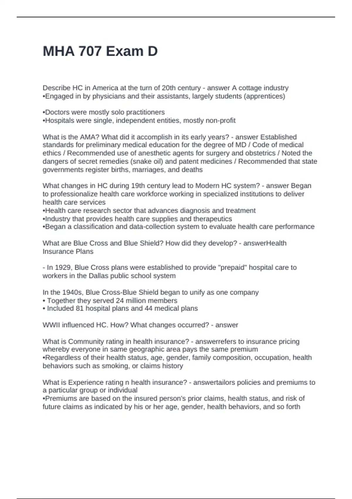 MHA 707 Exam D Questions and Answers 2024 - MHA 707 - Stuvia US