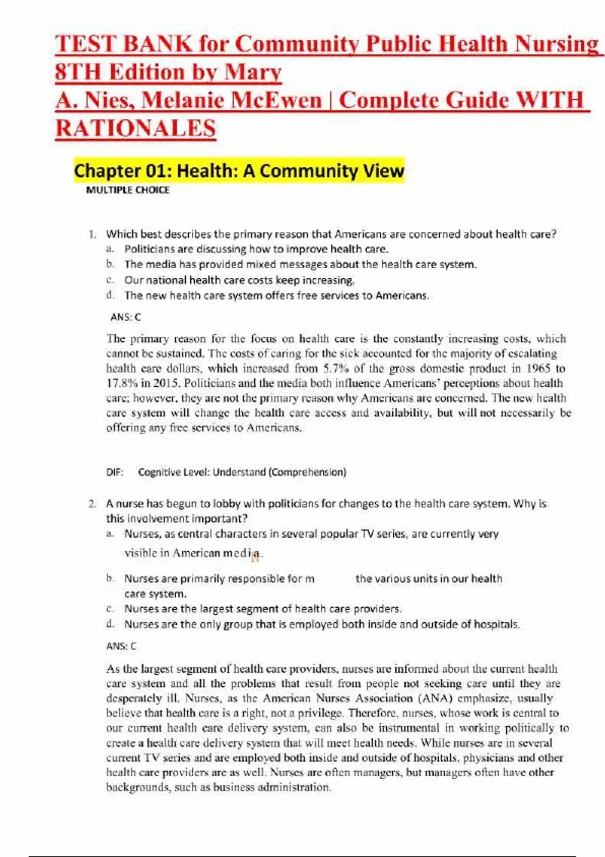 Test Bank for Community/Public Health Nursing: Promoting the Health of ...