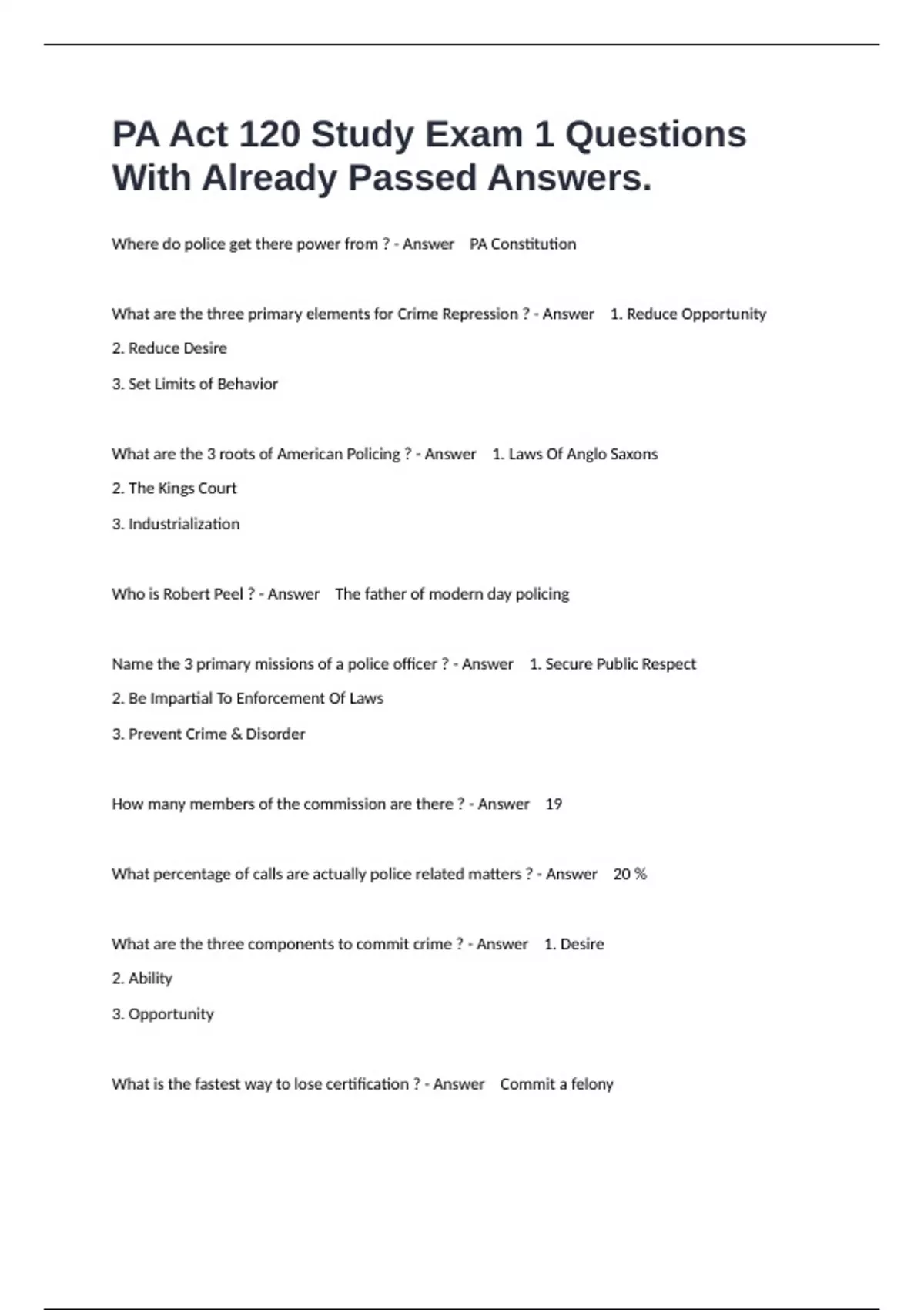 PA Act 120 Study Exam 1 Questions With Already Passed Answers. - MPOETC ...