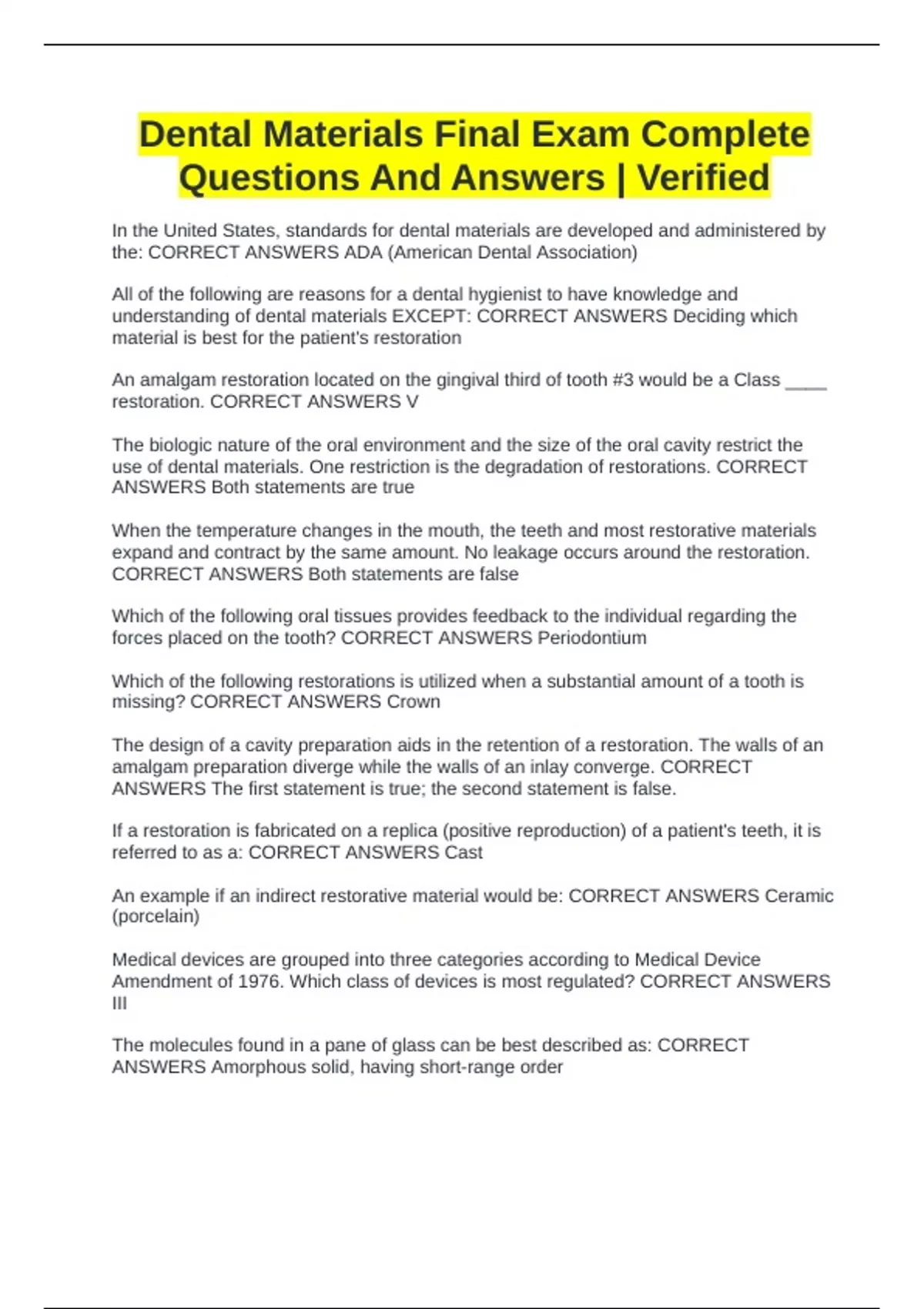 Dental Materials Final Exam Complete Questions And Answers | Verified ...