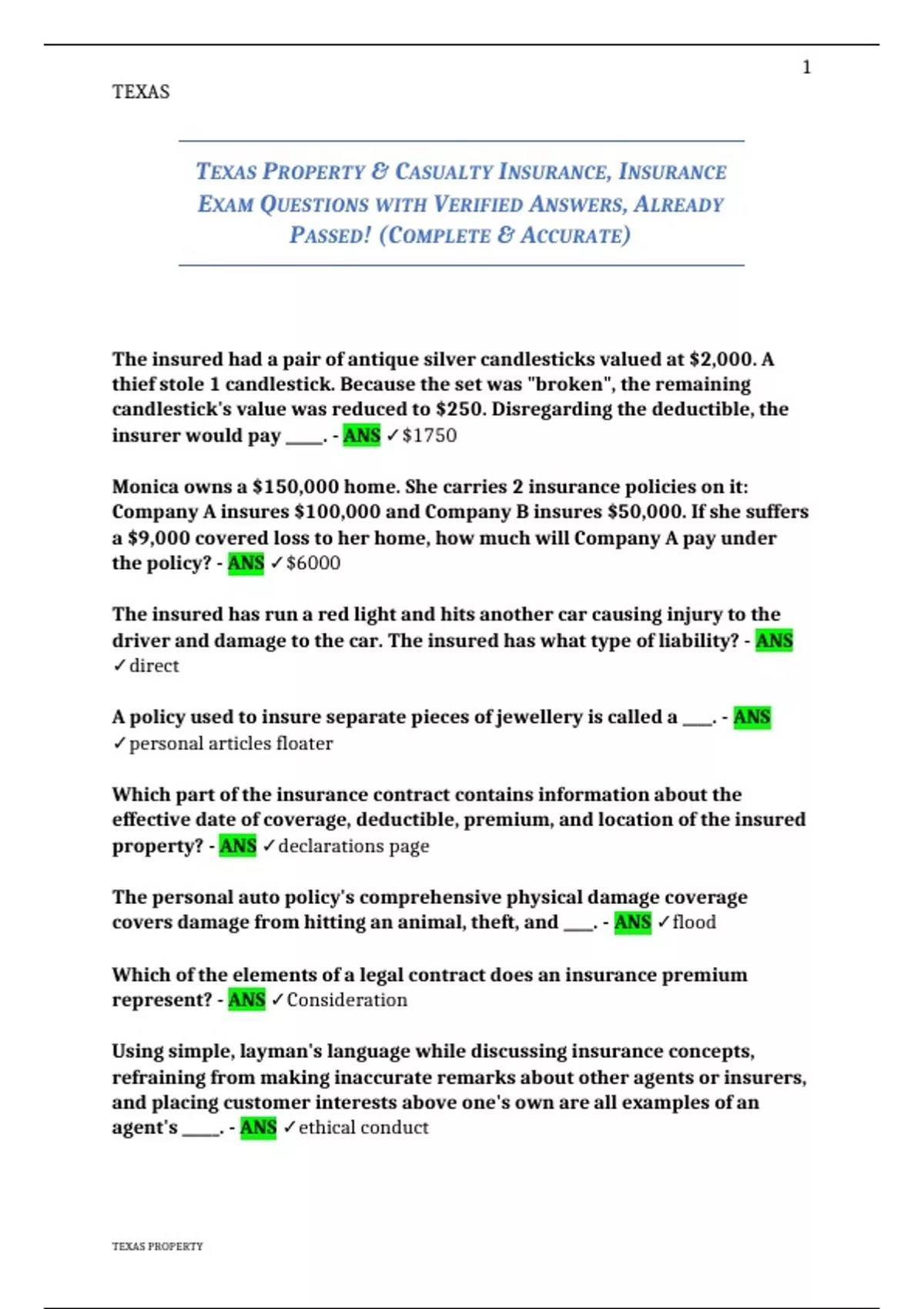 TEXAS PROPERTY & CASUALTY INSURANCE, INSURANCE EXAM QUESTIONS WITH ...