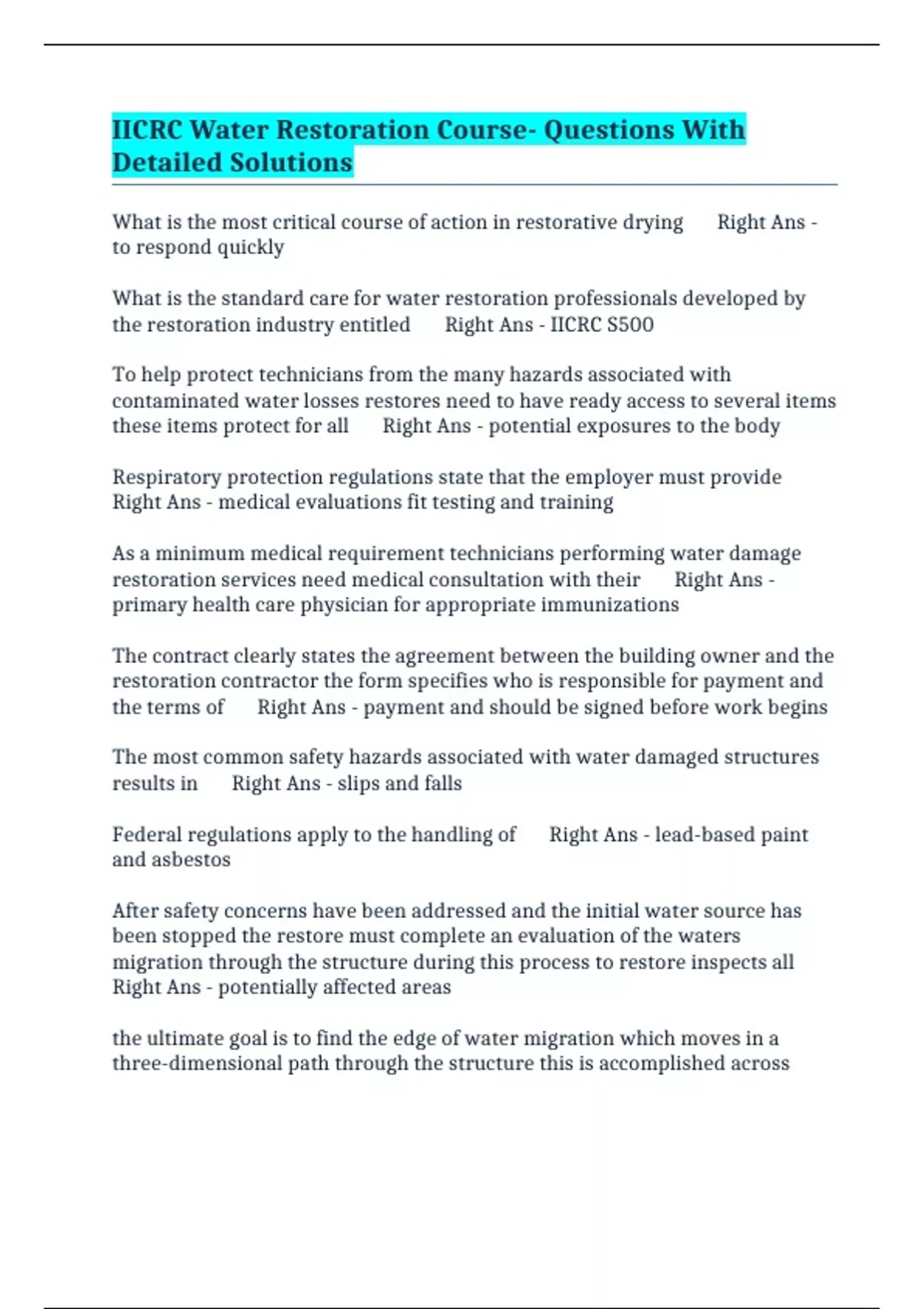 IICRC Water Restoration Course- Questions With Detailed Solutions ...