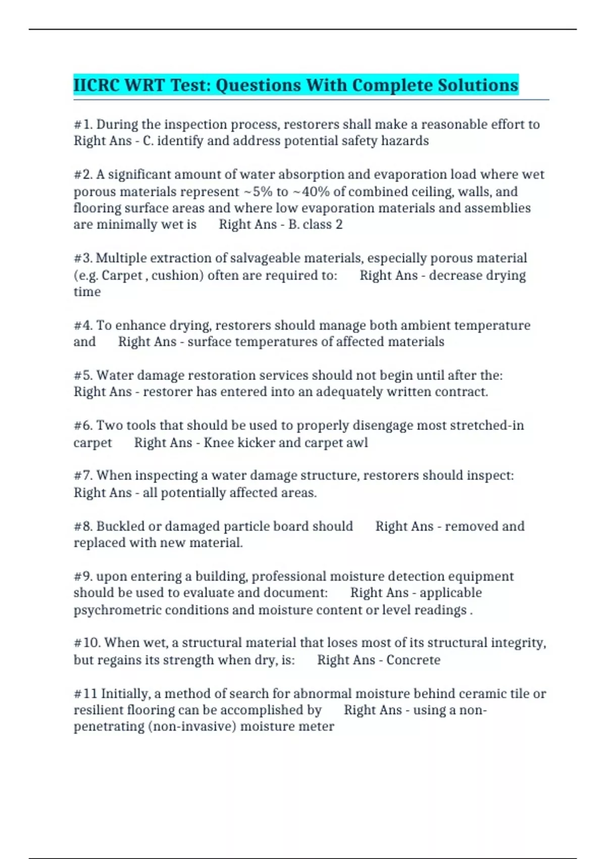 IICRC WRT Test: Questions With Complete Solutions - IICRC WRT ...