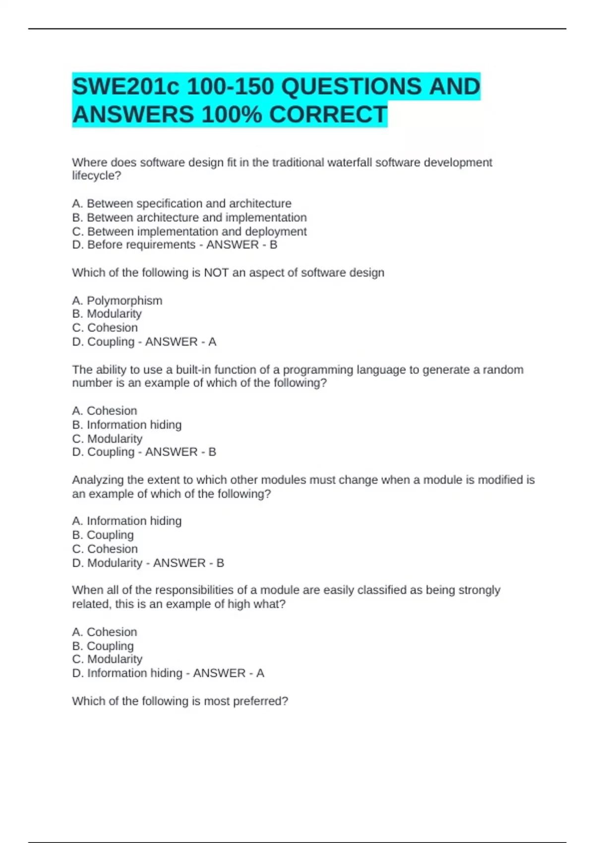 SWE201c 100-150 QUESTIONS AND ANSWERS 100% CORRECT - SWE201c 100-150 ...