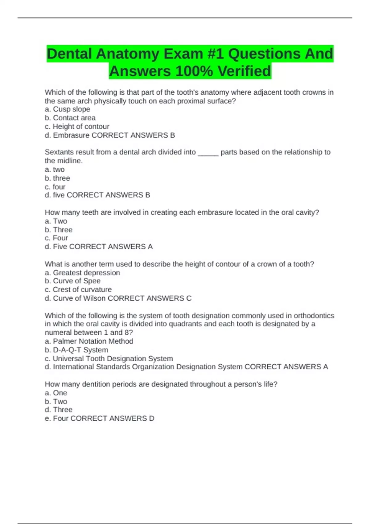 Dental Anatomy Exam #1 Questions And Answers 100% Verified - Dental ...