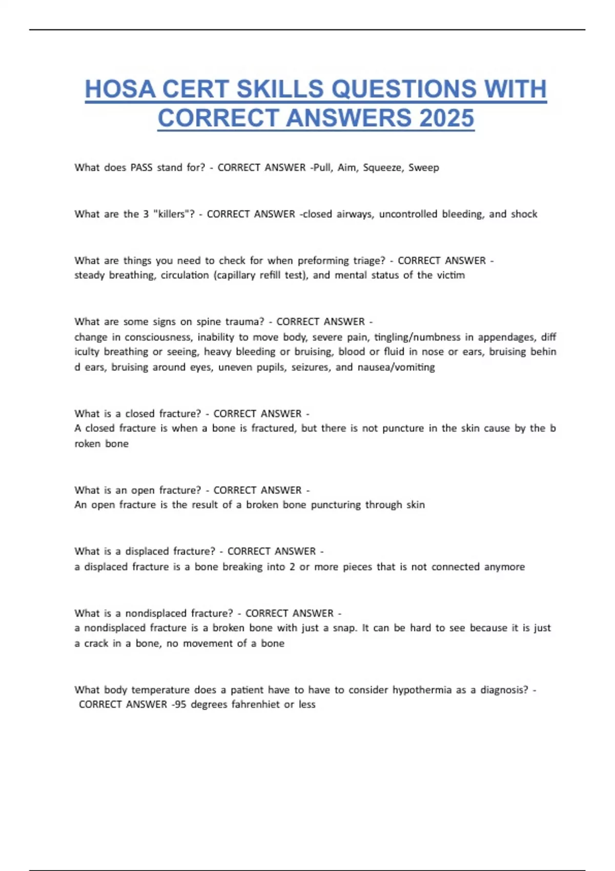 HOSA CERT SKILLS QUESTIONS WITH CORRECT ANSWERS 2025 - HOSA - Stuvia US