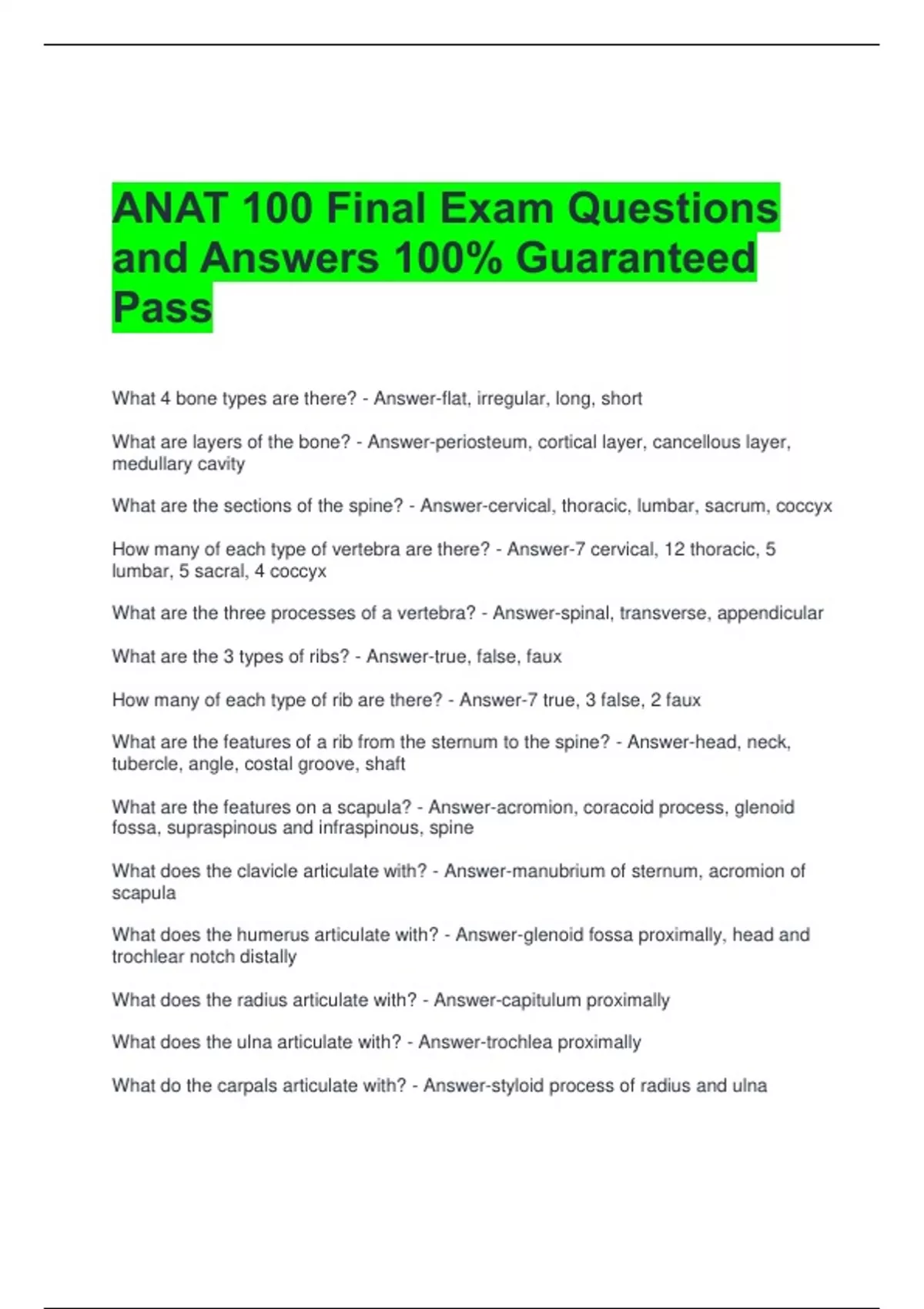 ANAT 100 Final Exam Questions and Answers 100% Guaranteed Pass - ANAT 100 - Stuvia US